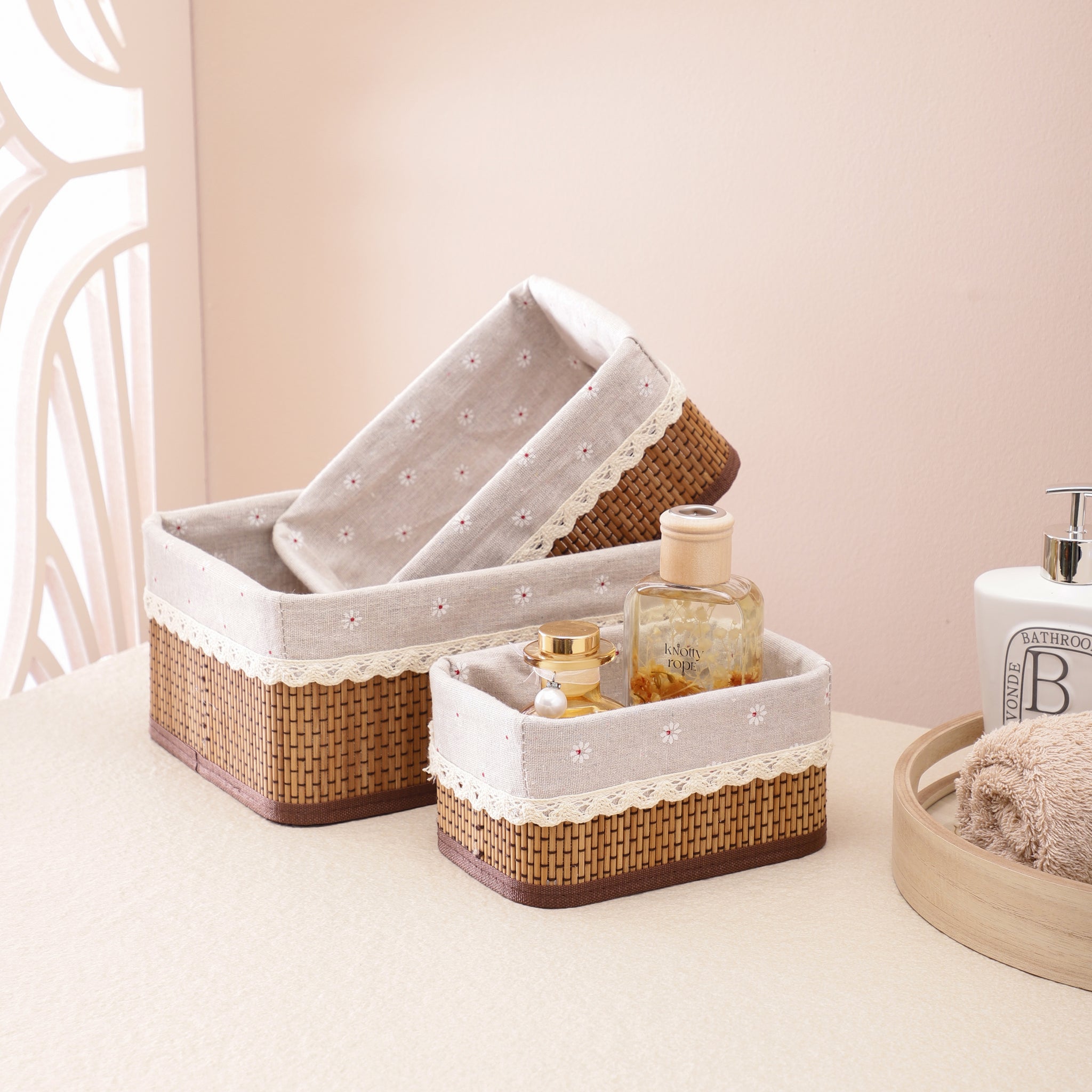 Bamboo Lined Storage Baskets (Set of 3) - Rectangle/Brown