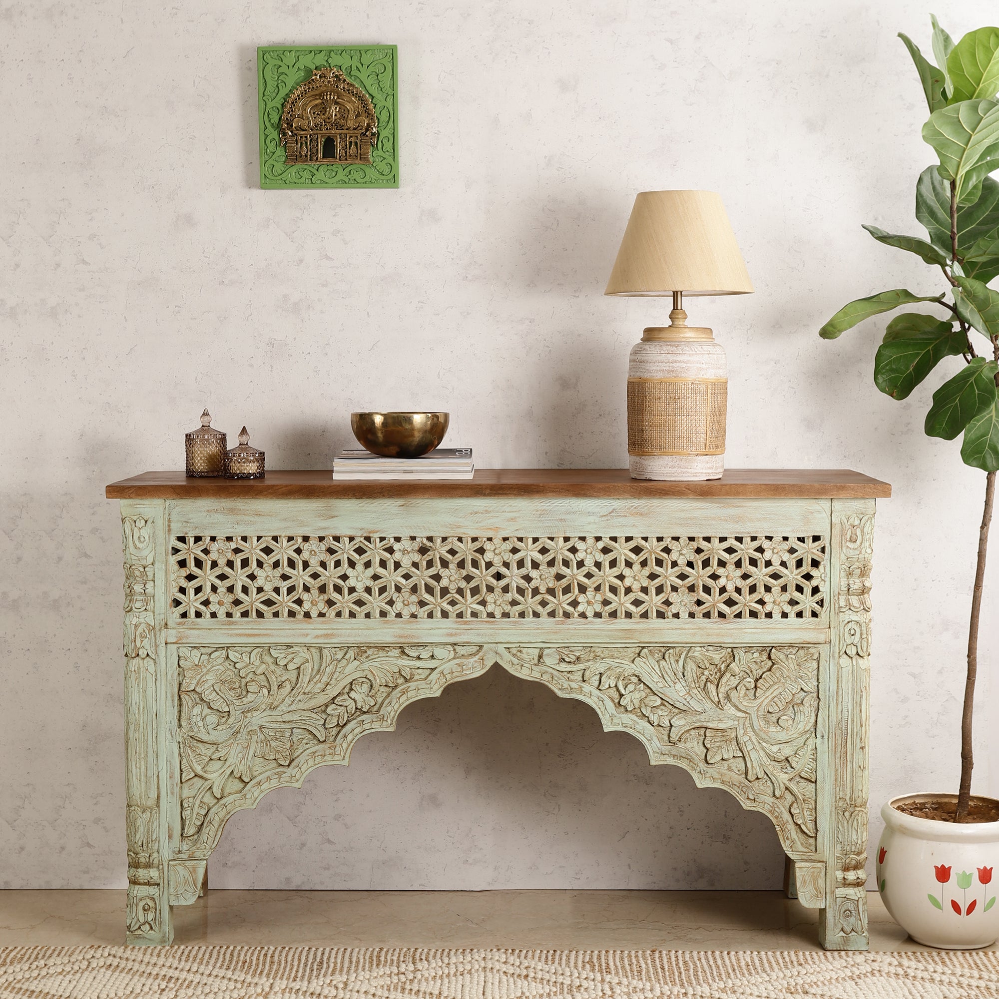 Mizaz Handcrafted Green Console Table